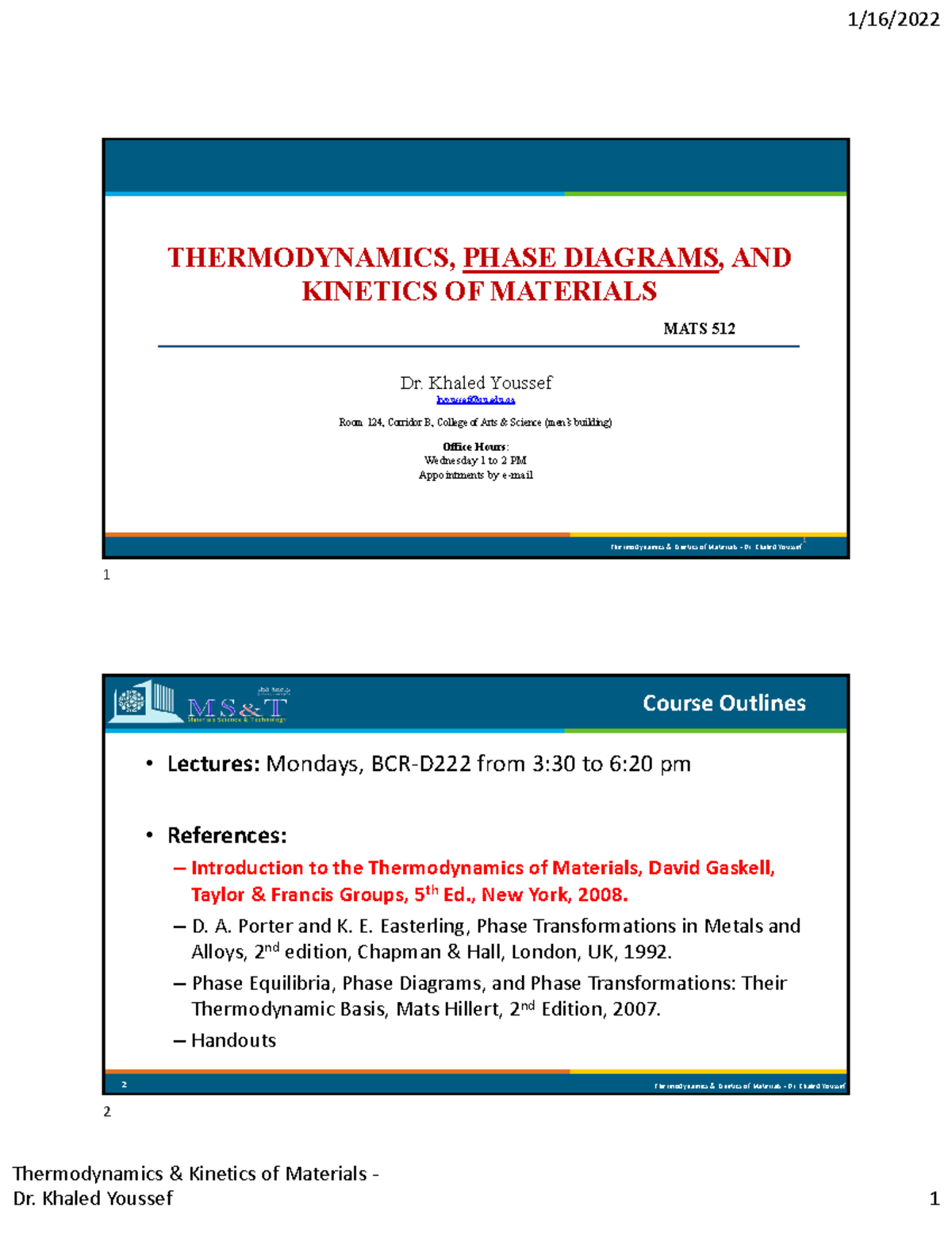 Lect01 Spring 2022 Thermodynamics Of Material Thermodynamics