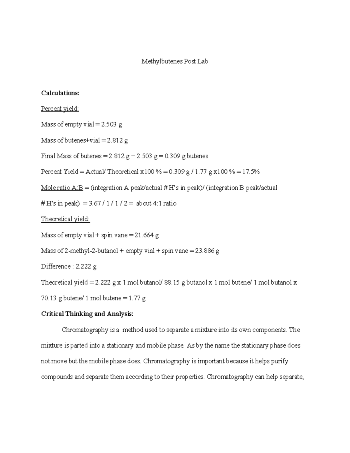 Methylbutenes Post lab - Methylbutenes Post Lab Calculations: Percent yield: Mass of empty vial ...