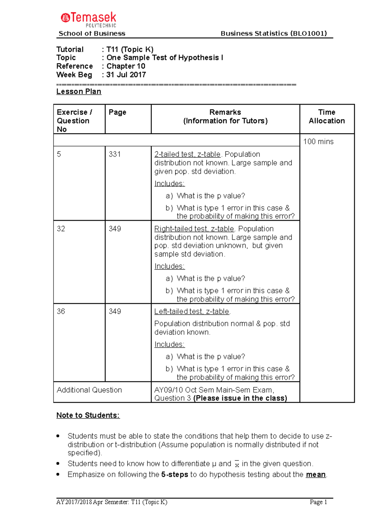 T11 (Topic K) - Hypothesis Testing I - Apr 17 Qs - Tutorial : T11 ...