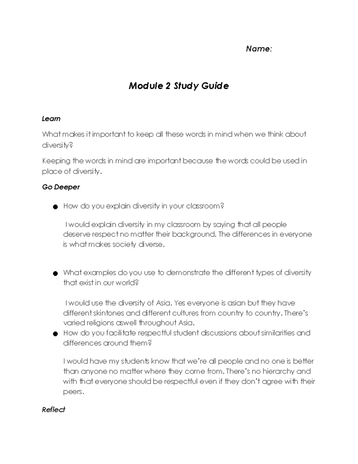 Unpacking Diversity - module 2 study guide - Name: Module 2 Study Guide ...