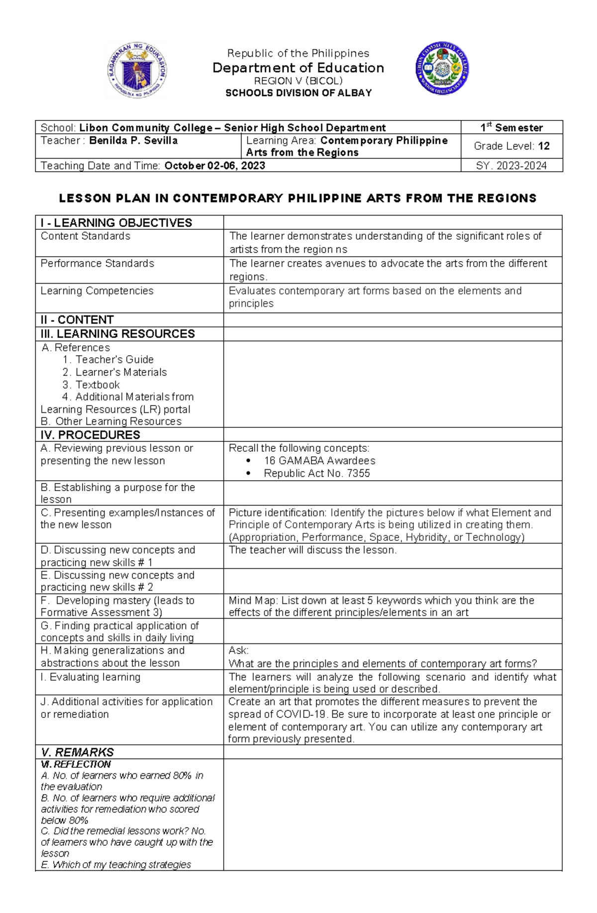 DLP WEEK 6 - LESSON PLAN IN CPAR - Republic of the Philippines ...