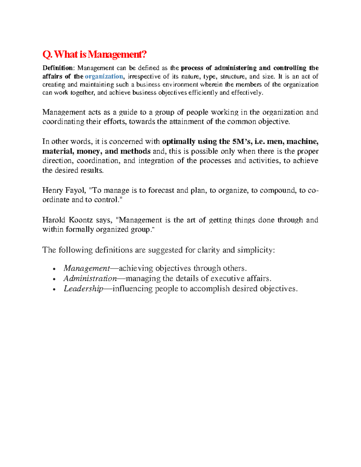 Business Management Sheet - Q. What is Management? Definition ...
