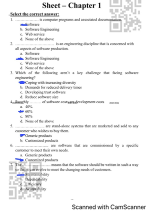 Sheet ch1,ch2 Software Engineering - 2023/2024 2023/2024 2023/ Sheet – Chapter 1 A. Select the ...
