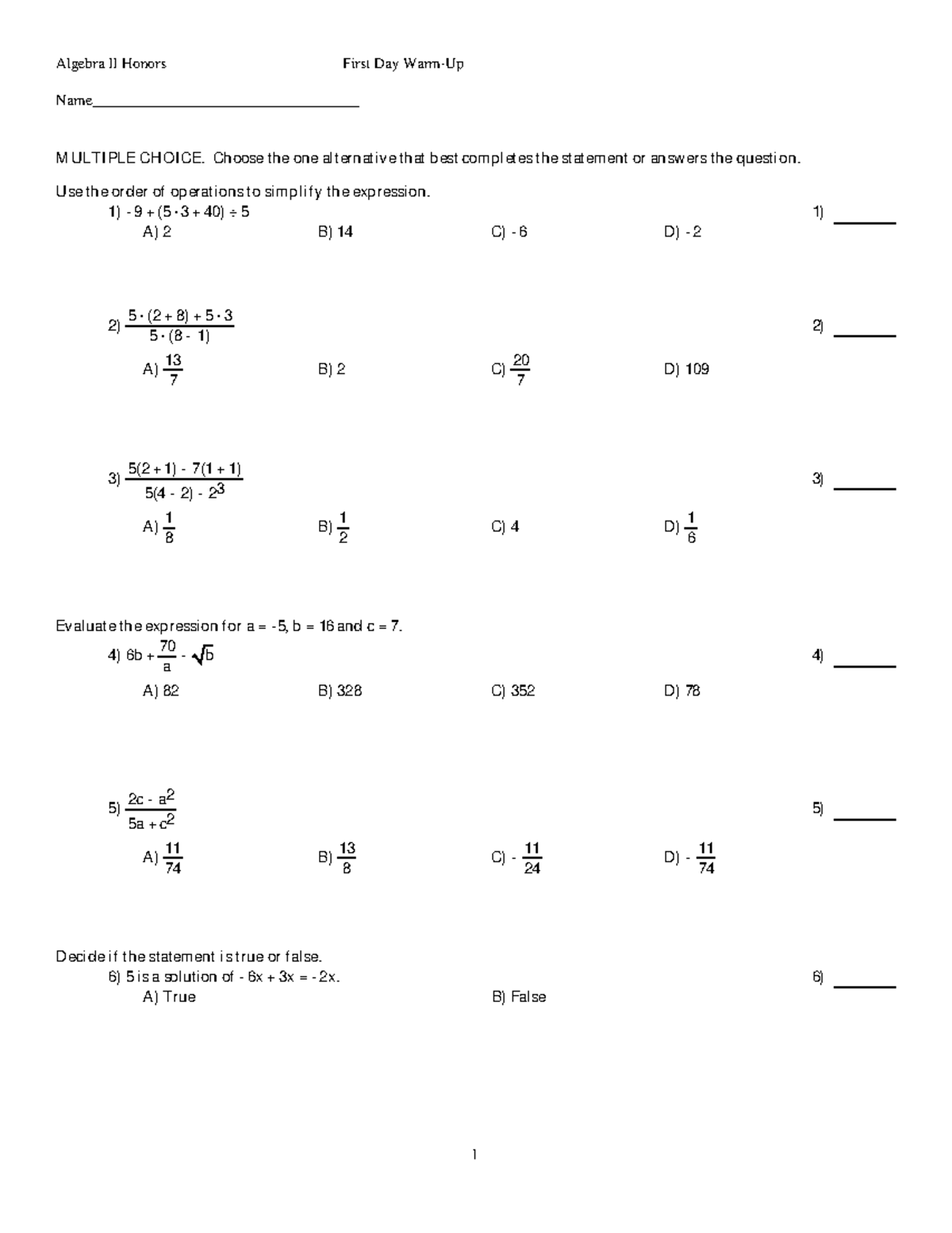 Mai Asad - day 1 warm-up - Homework - Algebra II Honors First Day Warm ...