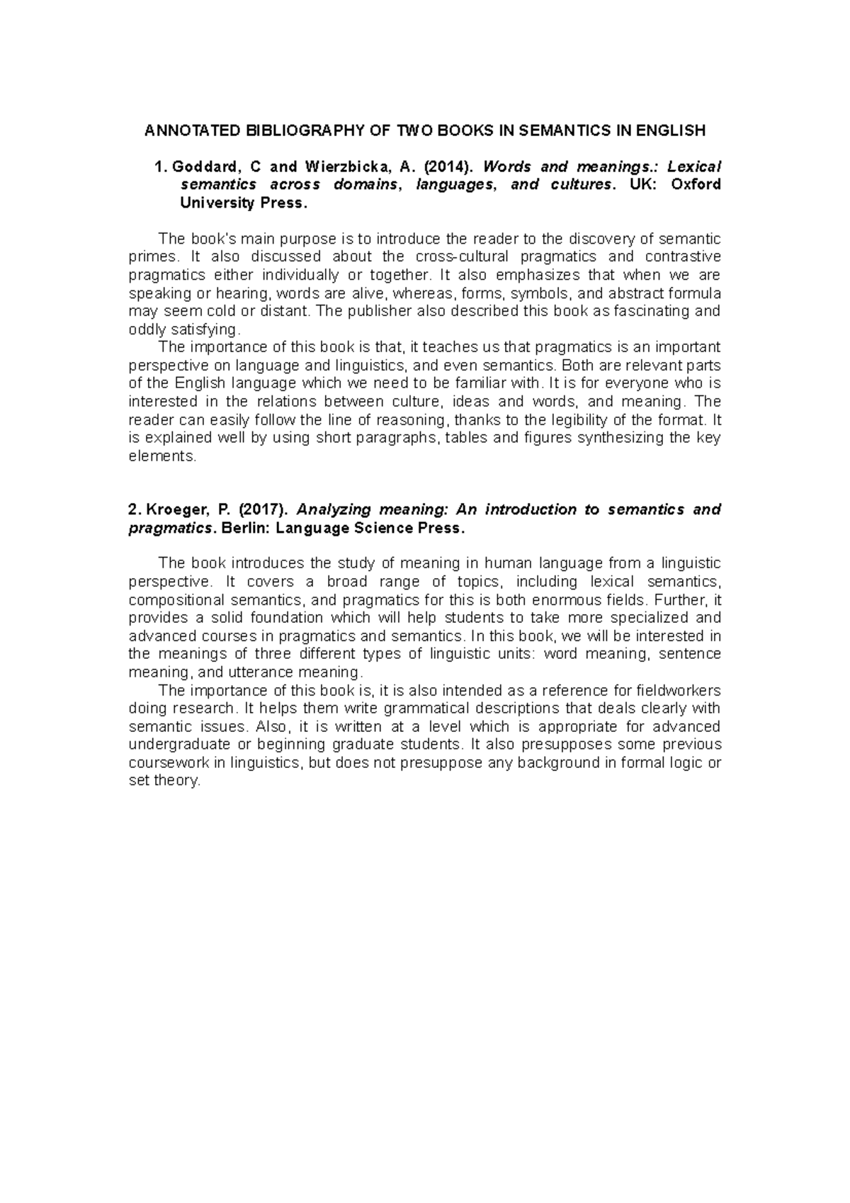 Annotated Bibliography IN Semantics IN English - ANNOTATED BIBLIOGRAPHY OF TWO BOOKS IN ...