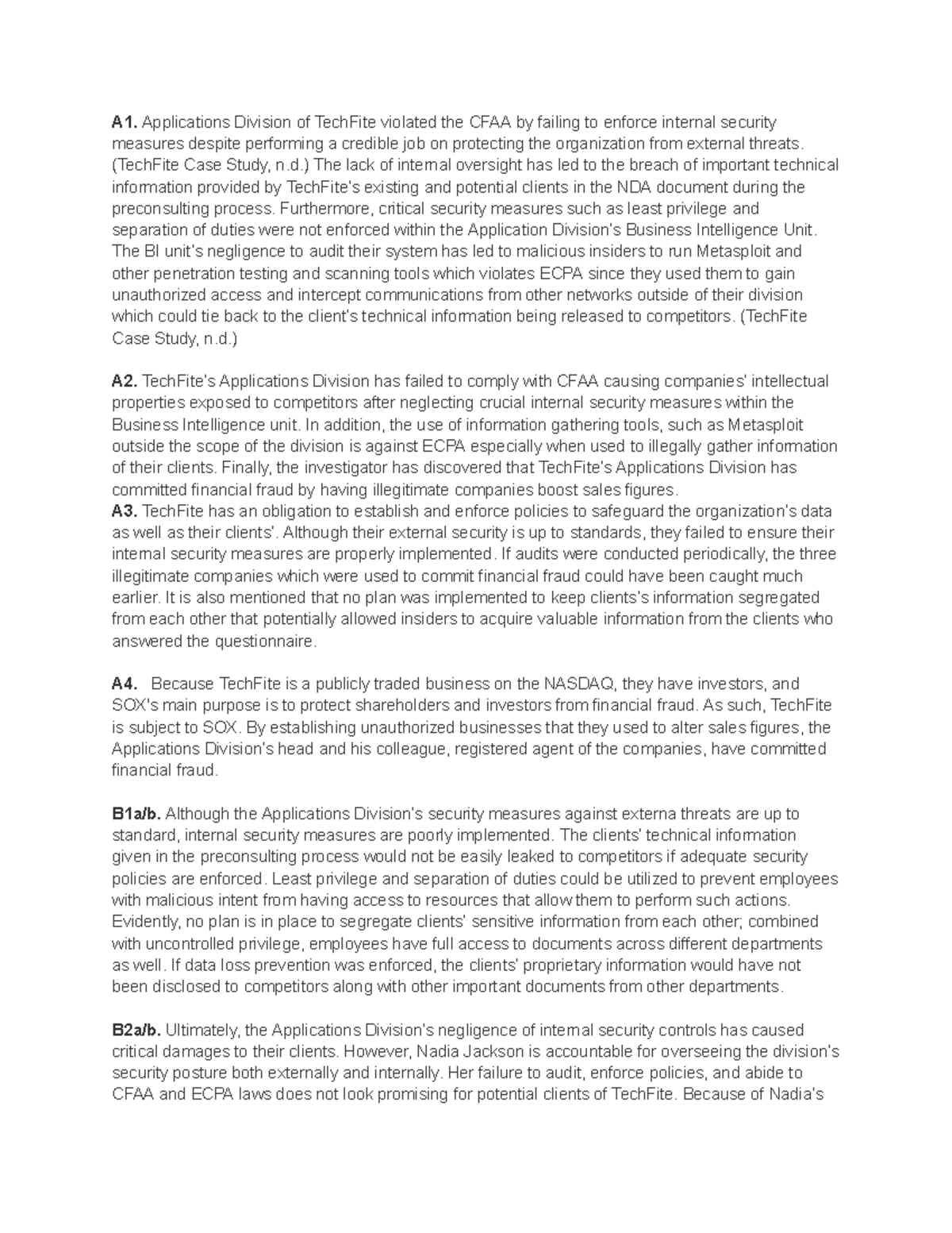 IHP4 TASK 1 Legal Analysis - A1. Applications Division of TechFite ...