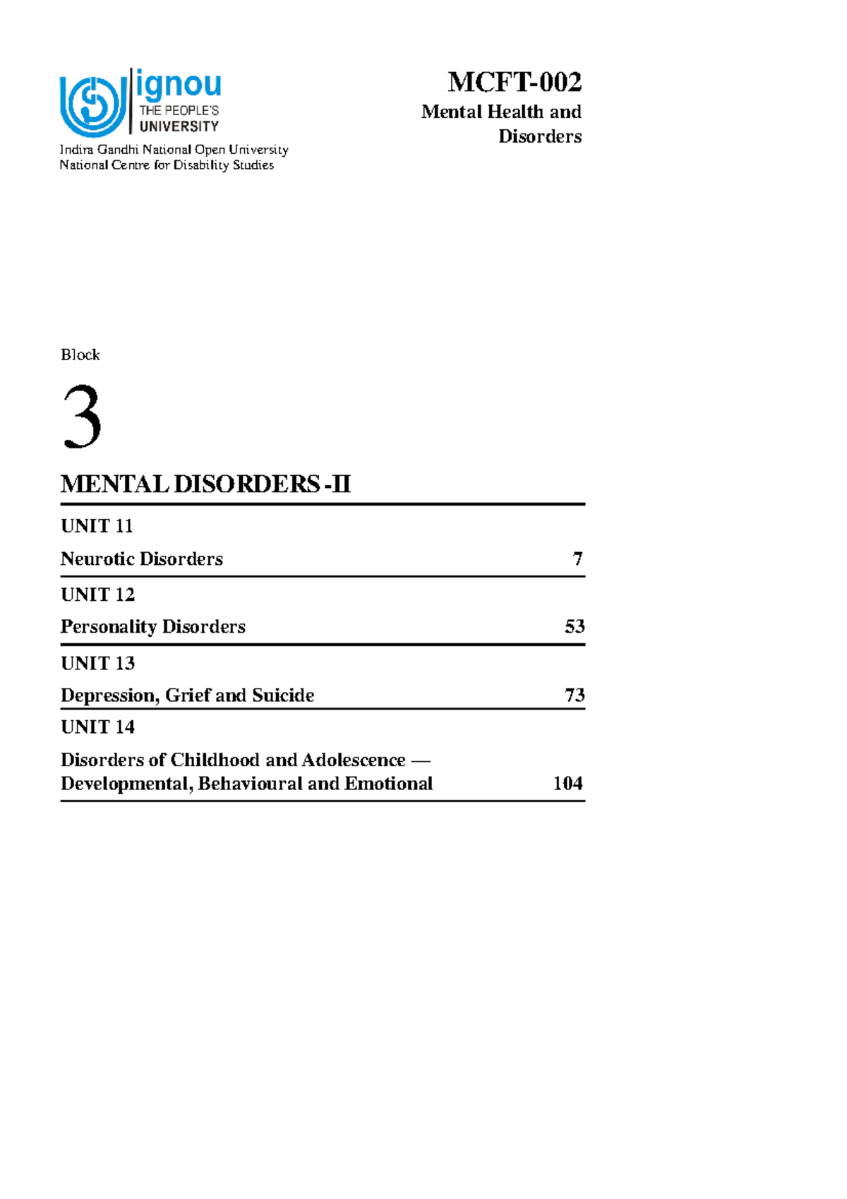 Block-3 Mental Disorders-II - MCFT- Mental Health and Disorders MENTAL ...