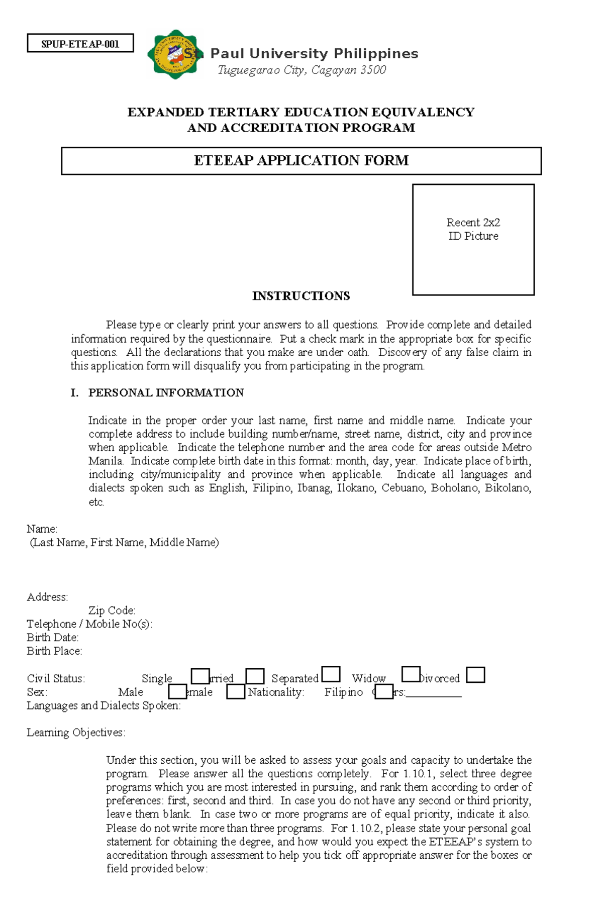 Eteeap Form 01 Application - St. Paul University Philippines Tuguegarao ...