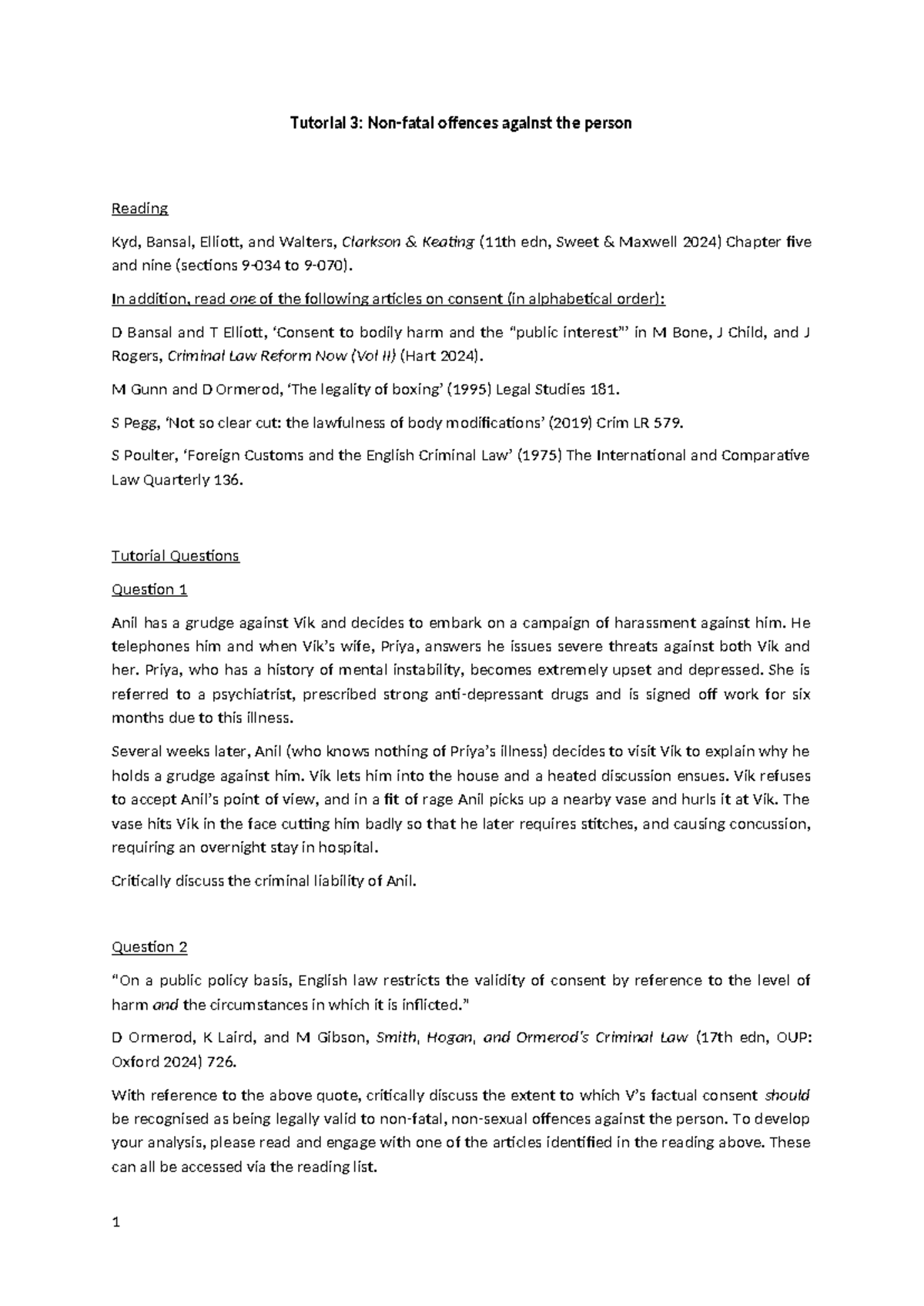 Tutorial 3 (2024 25) L6 - tut - Tutorial 3: Non-fatal offences against ...