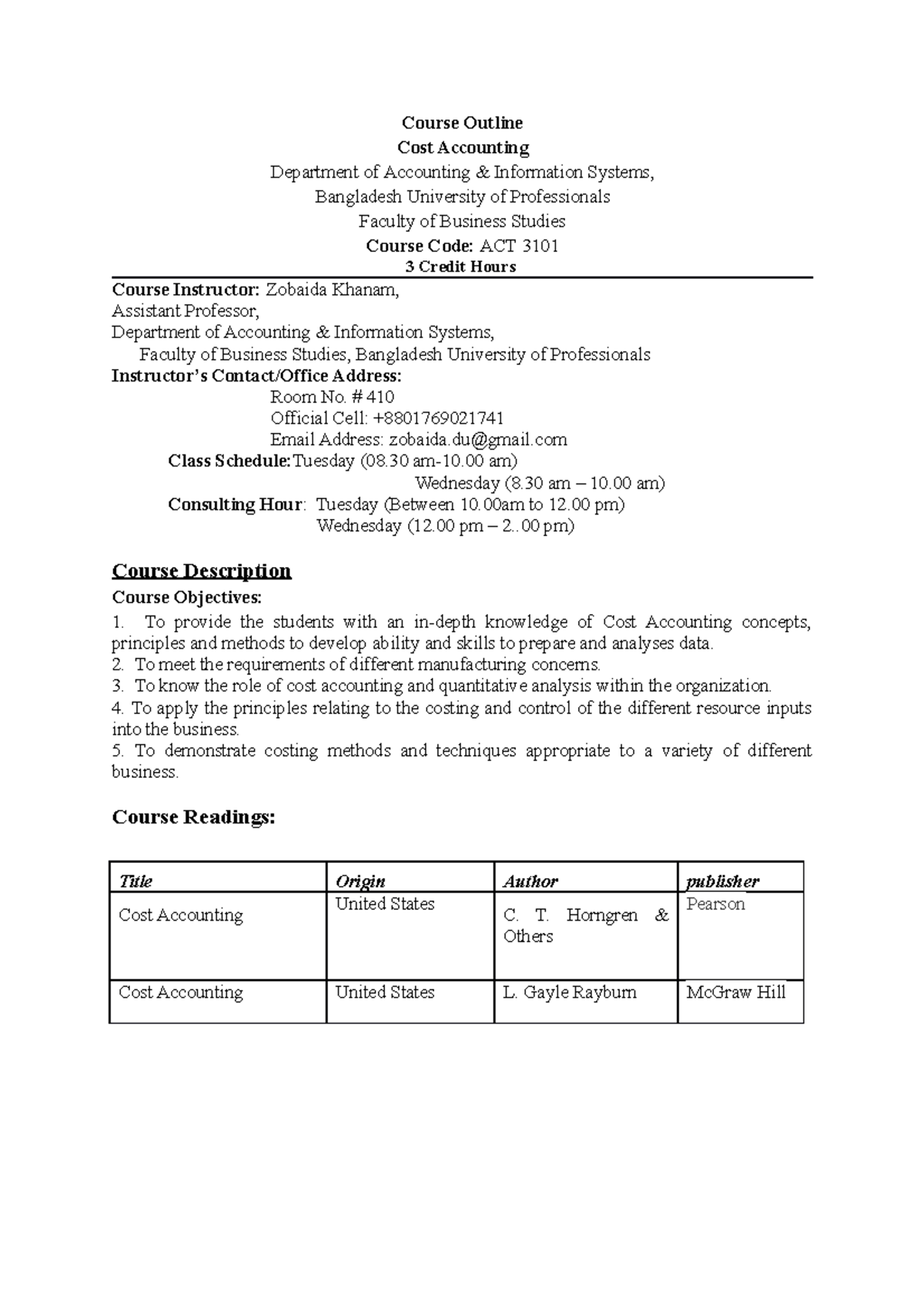 Cost Acc Course outline - Course Outline Cost Accounting Department of ...