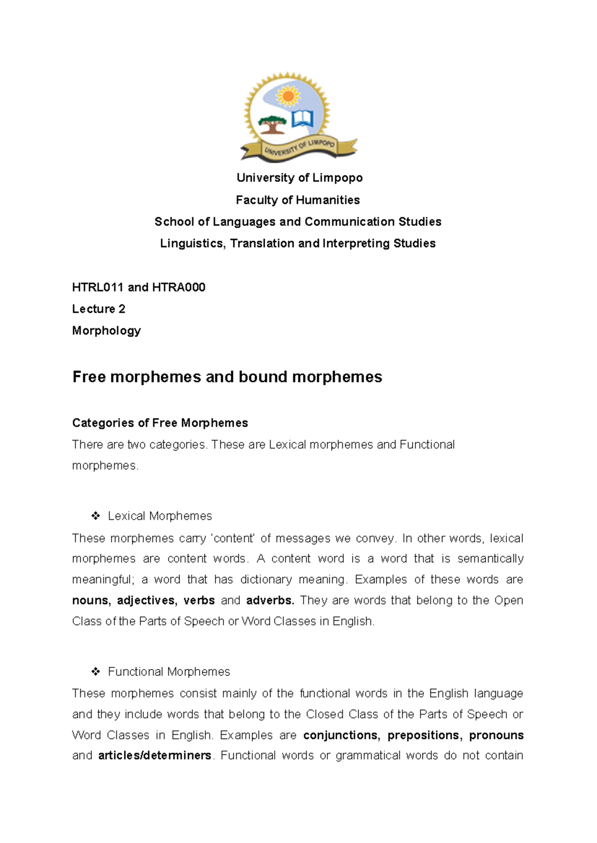 Morphology Lecture 2 Types OF Morphemes - University of Limpopo Faculty ...