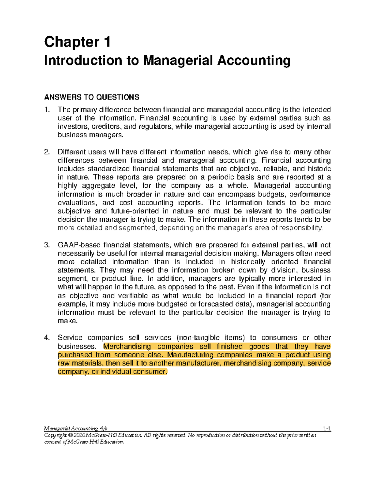 Chap1 Solution pdf - Managerial Accounting, 4/e 1- Copyright © 20 20 ...