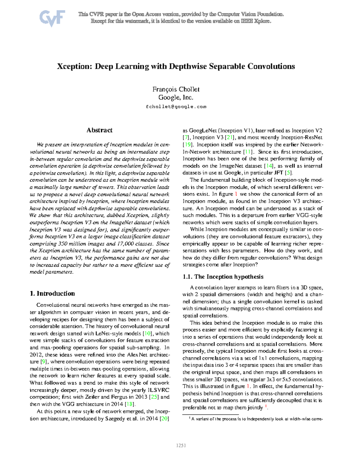 Chollet Xception Deep Learning CVPR 2017 paper - Xception: Deep Learning with Depthwise ...