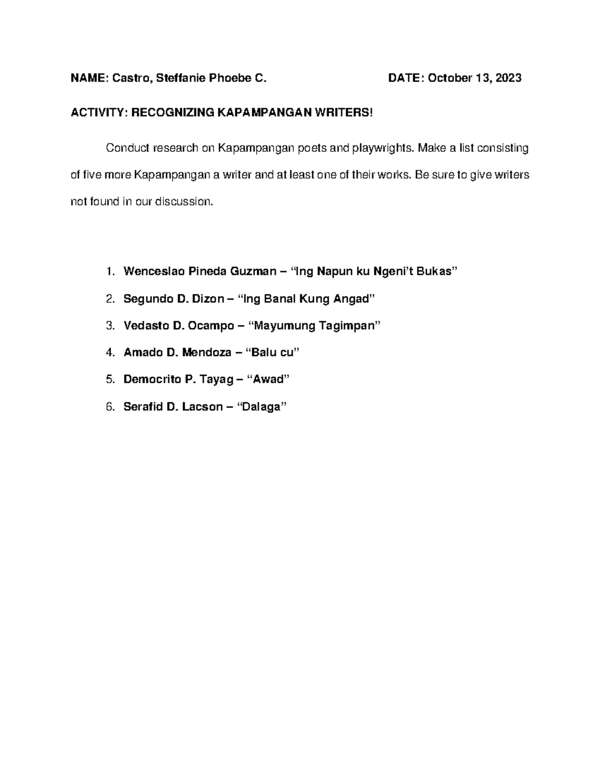 Kamp-Lit - Activity - NAME: Castro, Steffanie Phoebe C. DATE: October ...