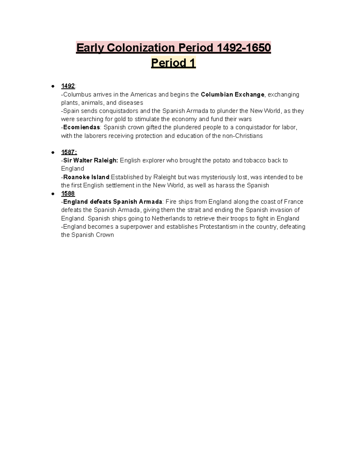 Apush Review Periods 1-9 - Early Colonization Period 1492- Period 1 ...