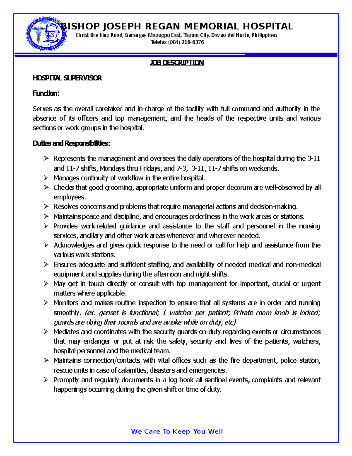 Hospital Supervisor ( Appointment AND Job Description) - BISHOP JOSEPH ...