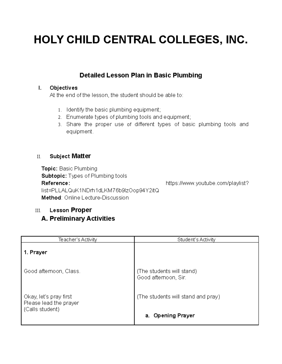 Detailed Lessonplan Basic Plumbing Doming- Group - HOLY CHILD CENTRAL ...