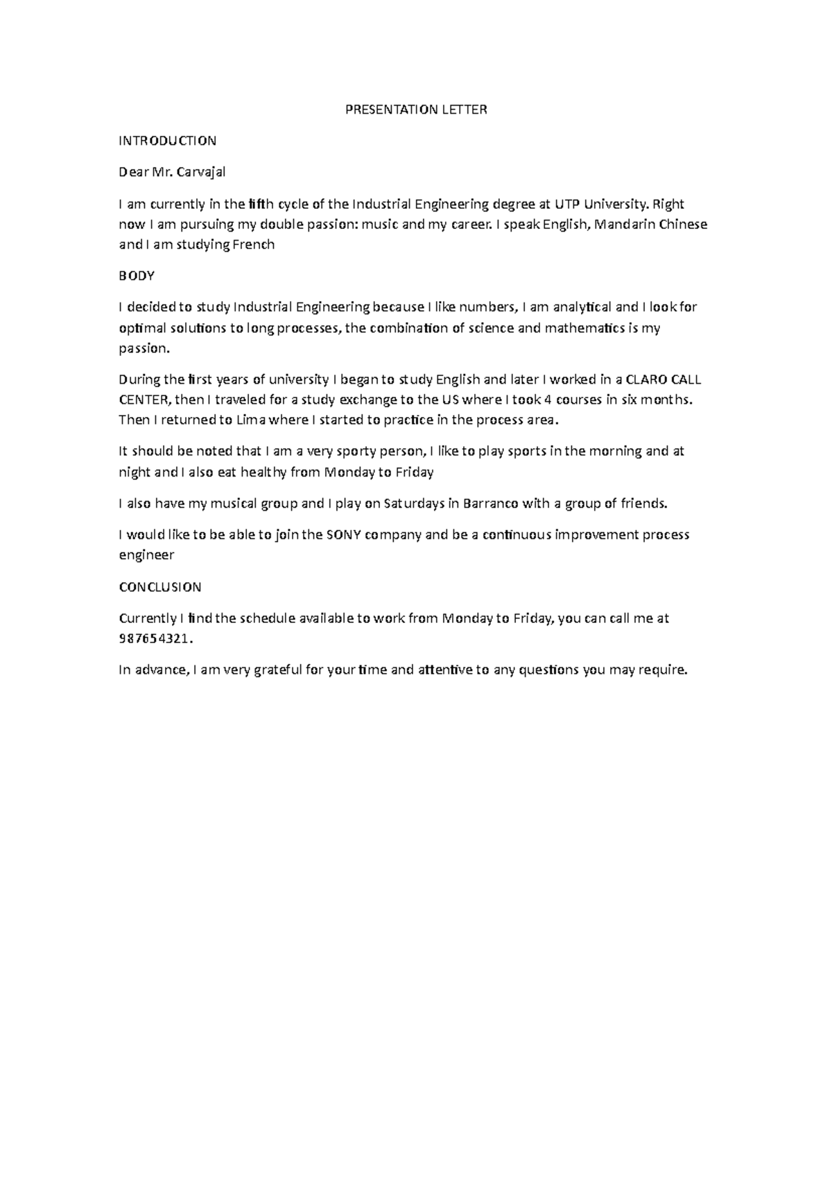 Ingles - PRESENTATION LETTER INTRODUCTION Dear Mr. Carvajal I am ...