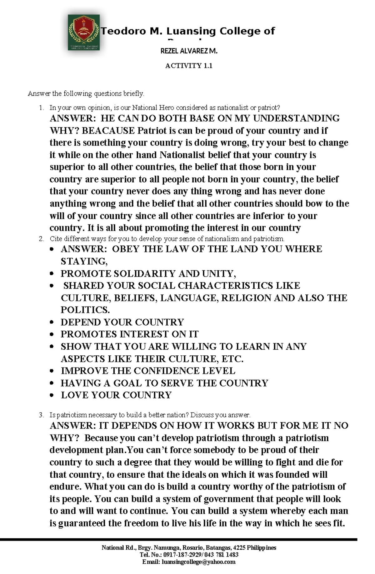 [Template] 1.1 CFLM1 R.A Answers FILE - Teodoro M. Luansing College of ...