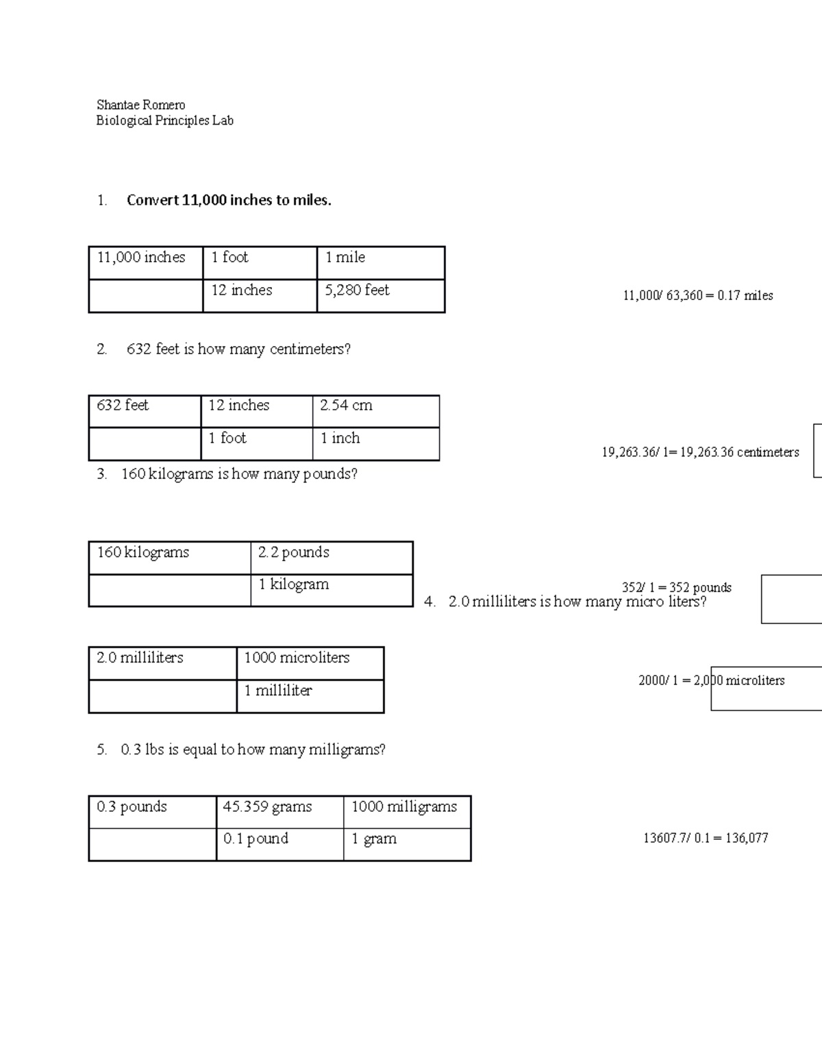 Biology Lab 2 Homework: Problem Solving/ Conversion Sets - Shantae ...