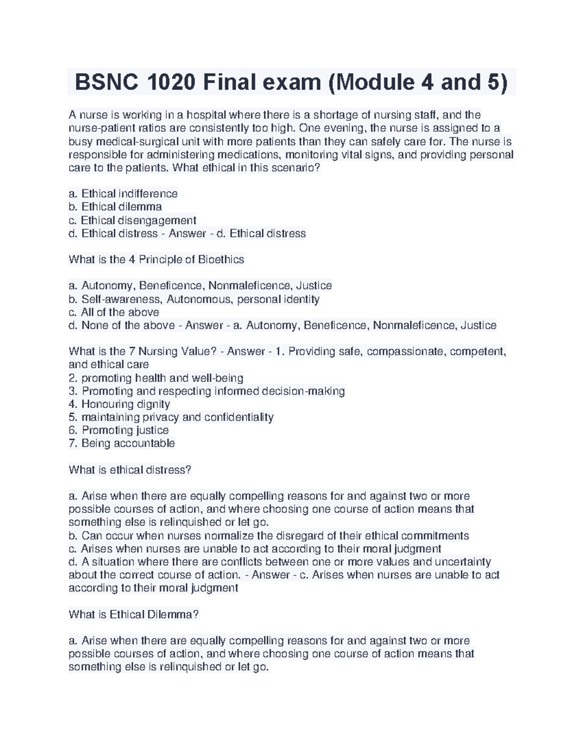 BSNC 1020 Final exam 2 - BSNC 1020 Final exam (Module 4 and 5) A nurse is working in a hospital ...