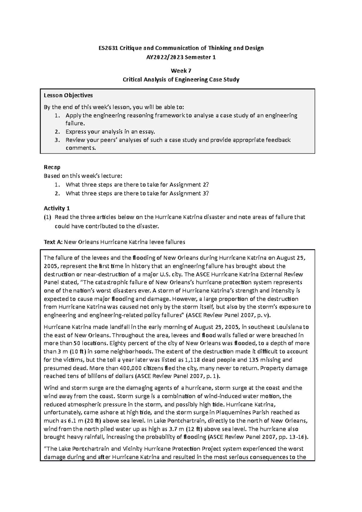 Week 7 Critical Analysis of Engineering Failure Case Study Handout ...