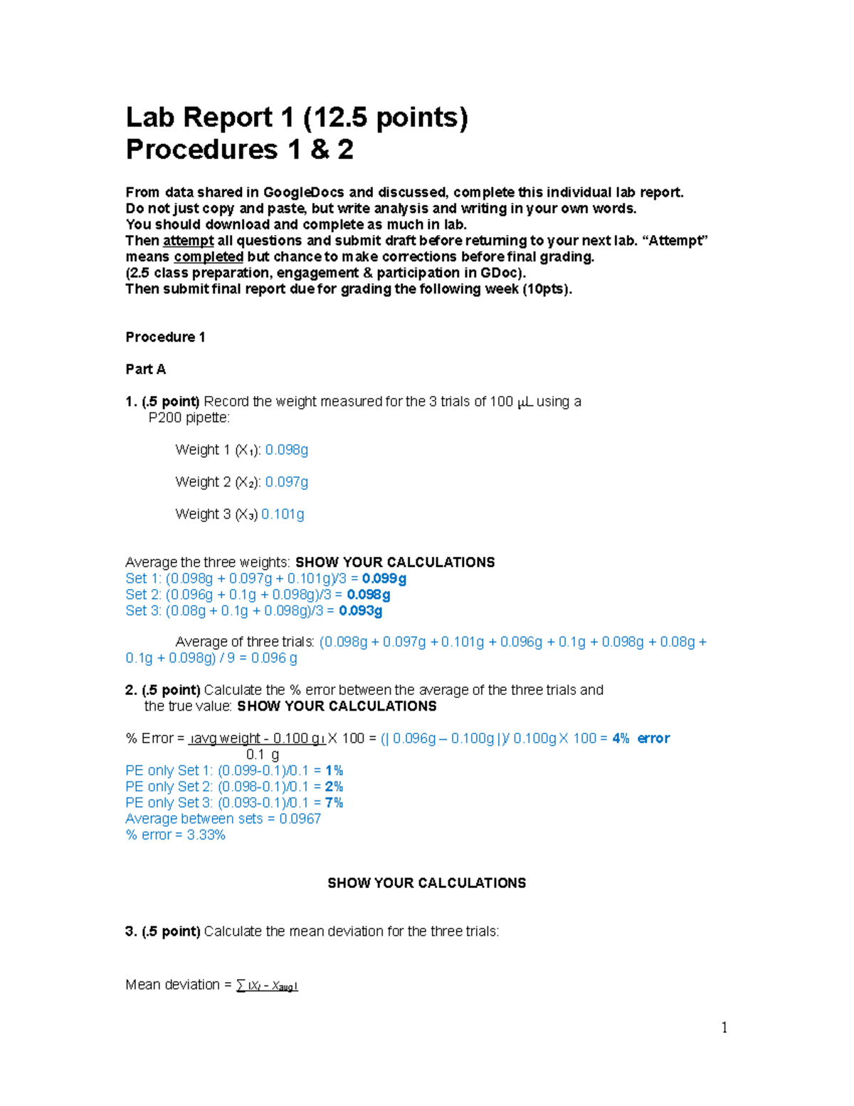 Worksheet number 1 - Lab Report 1 (12 points) Procedures 1 & 2 From ...