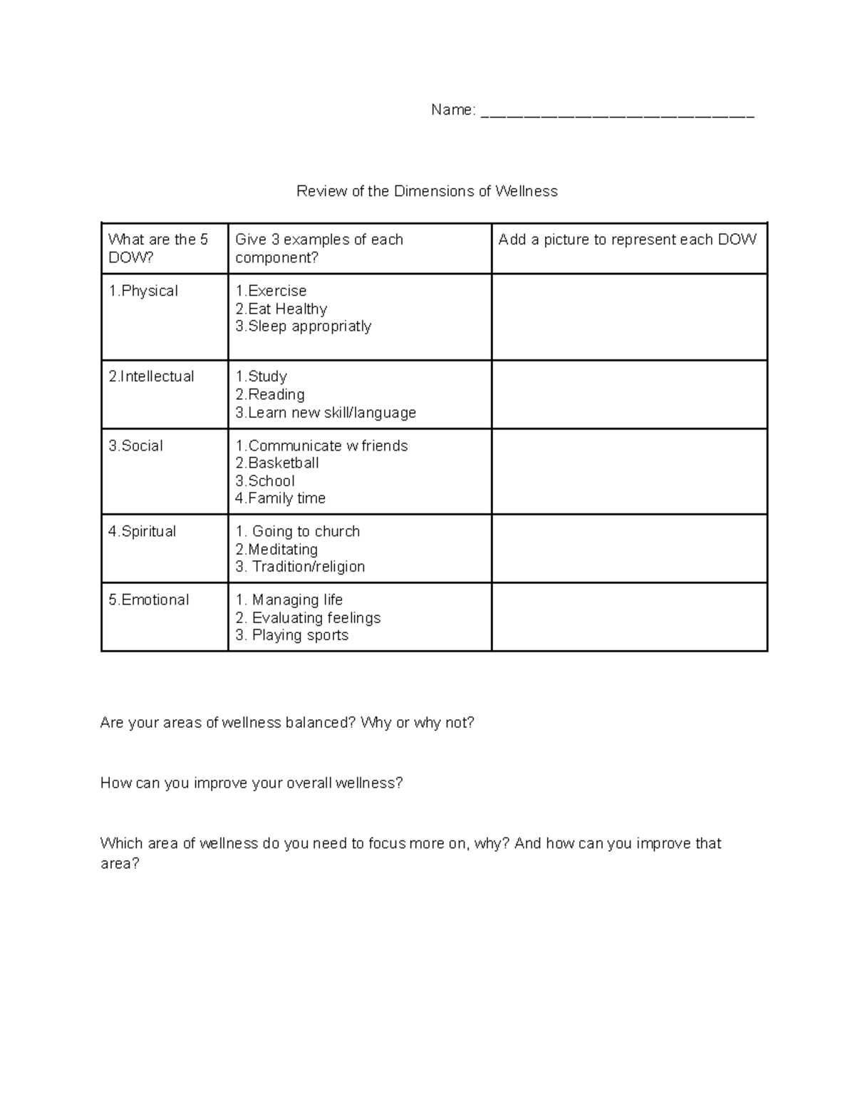 Copy of Day 2 Activity 2- Dimensions of Wellness Worksheet - Name