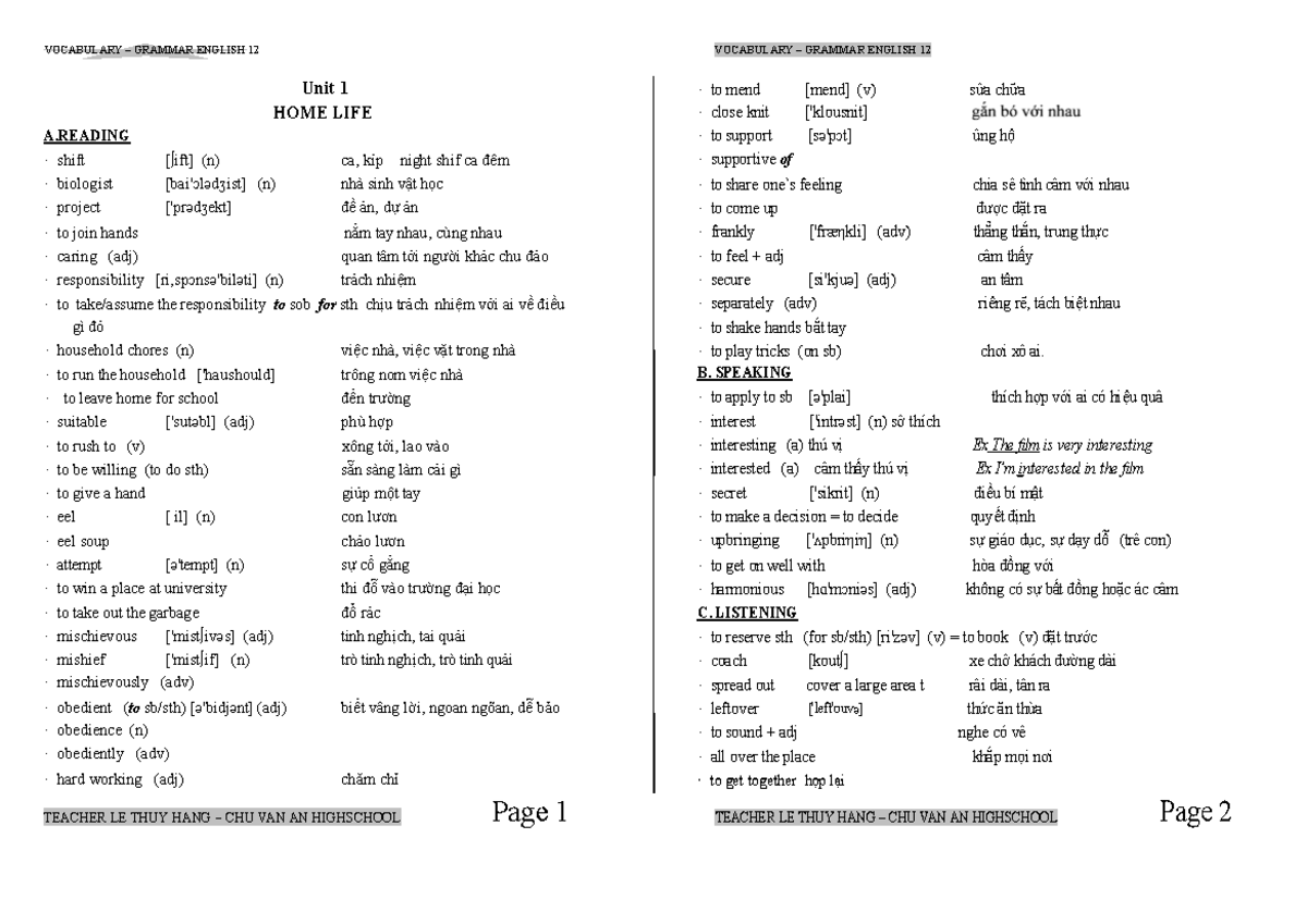 12 Tong hop toan bo tu vung va ngu phap Tieng Anh lop 12 - Unit 1 HOME LIFE A · shift [∫ift] (n ...