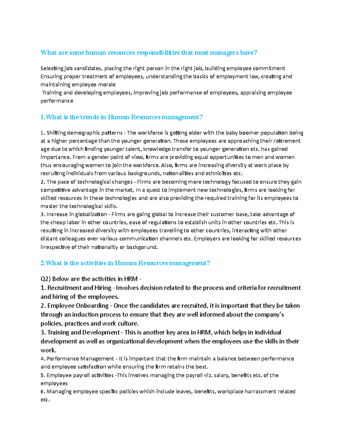 Questions - HUman - What are some human resources responsibilities that ...