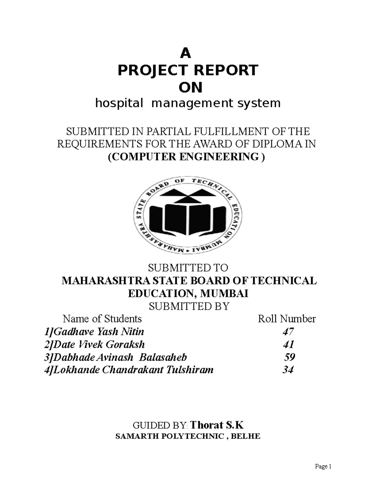 Dbms Final Mp Hms 01 Given Project Entitled Hospital Management System Related To The