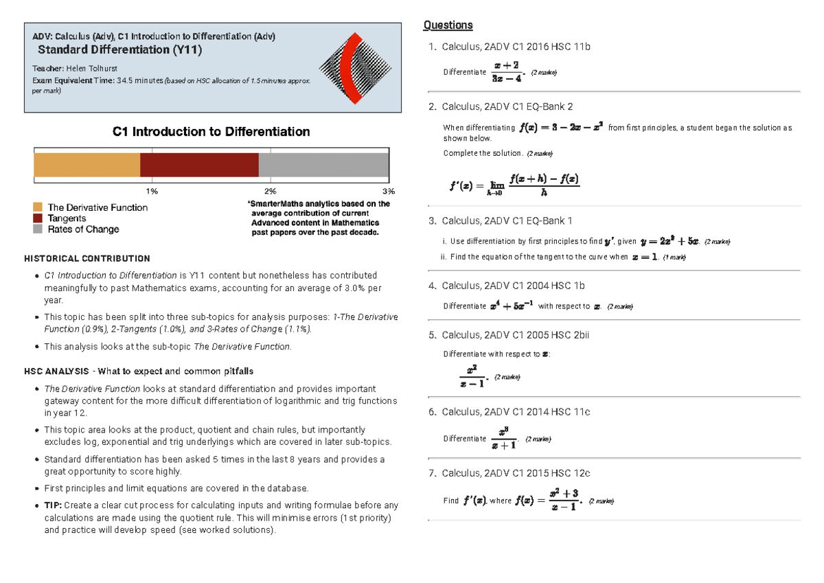 C1 Standard Differentiation - ADV: Calculus (Adv), C1 Introduction to ...