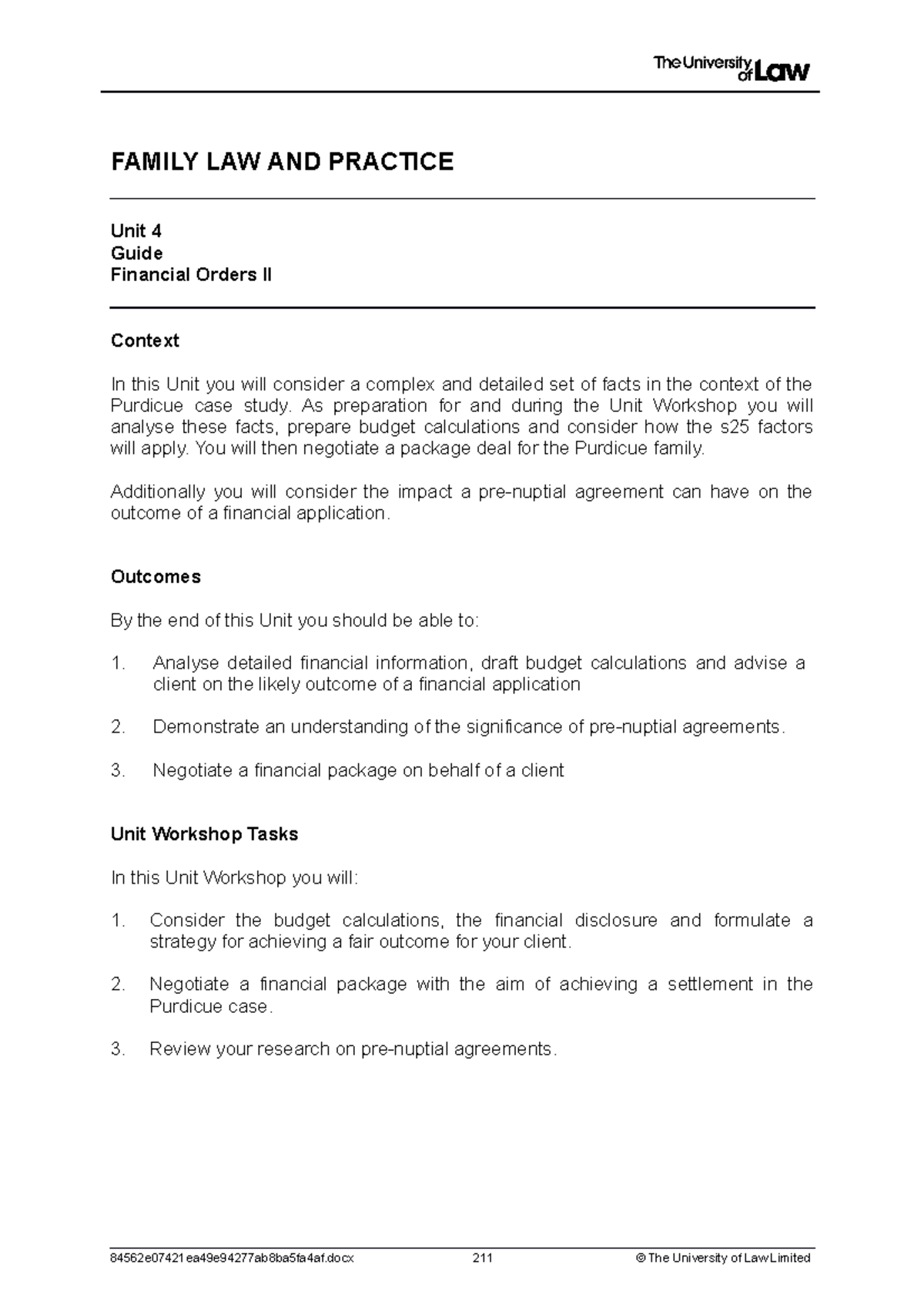 Workshop 4 - FAMILY LAW AND PRACTICE Unit 4 Guide Financial Orders II ...