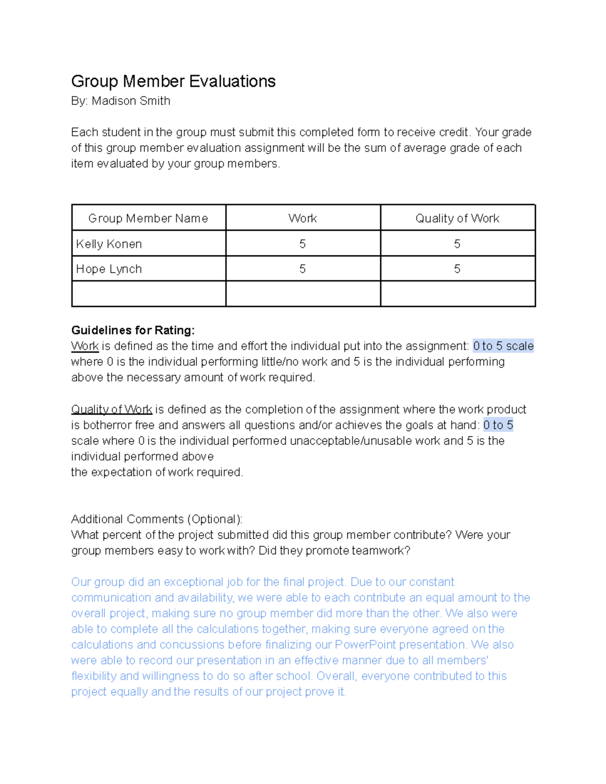 Final Project - Group Member Evaluations - Group Member Evaluations By ...