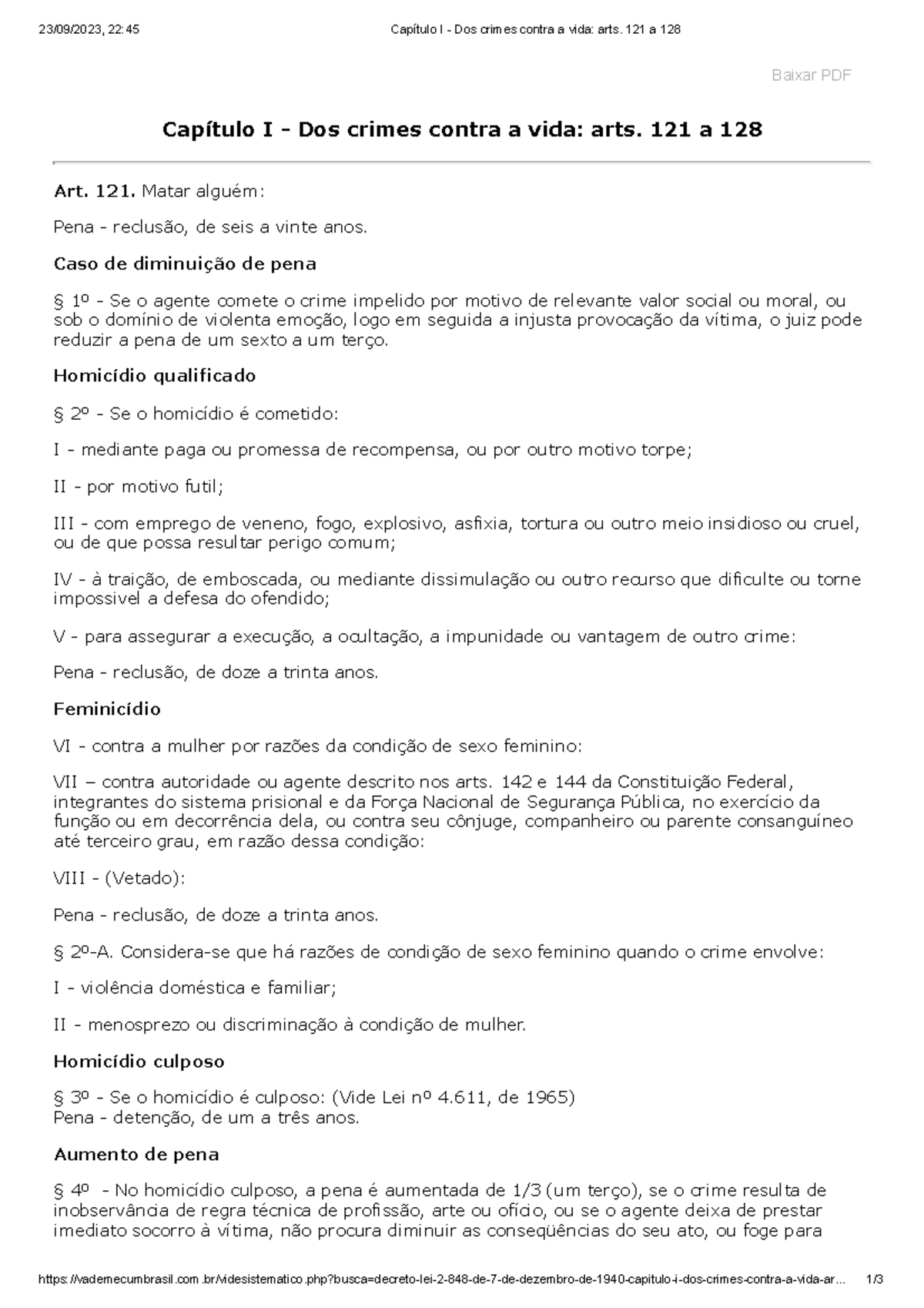 Capítulo I - Dos crimes contra a vida arts. 121 a 128 - 23/09/2023, 22:45 Capítulo I - Dos ...