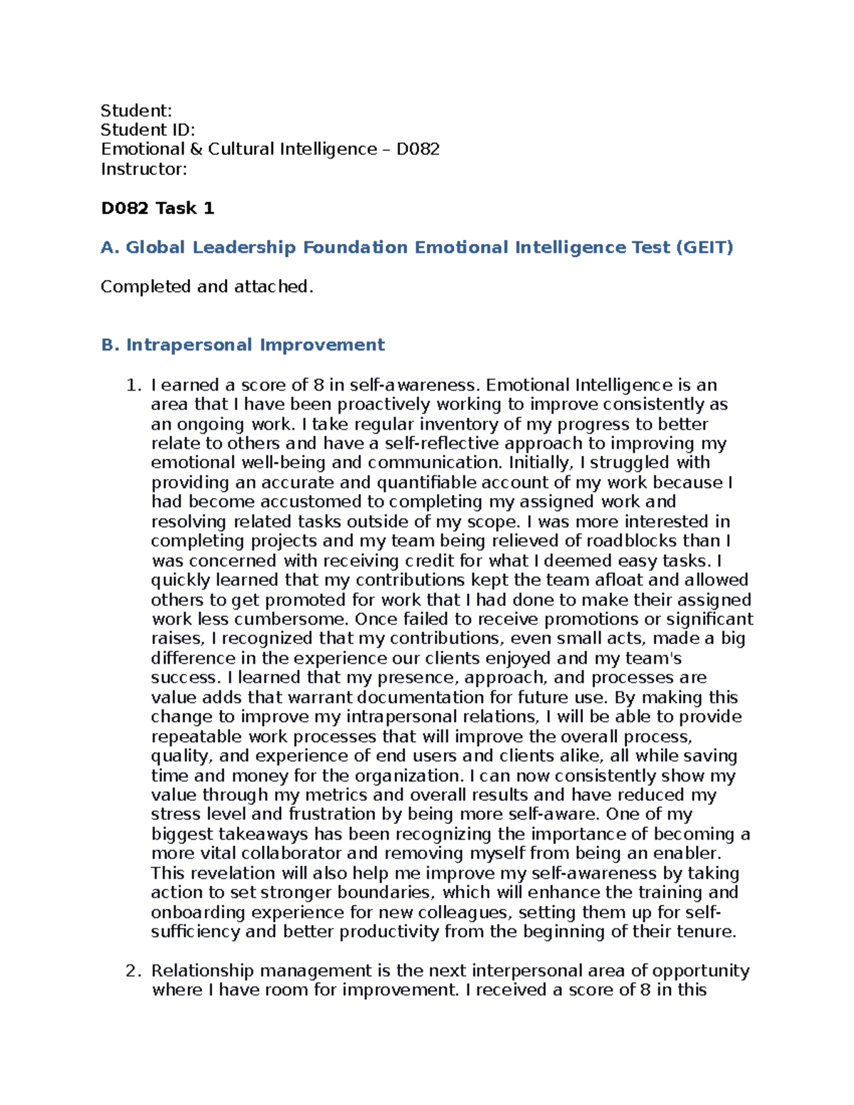 D082 Task 1 v2 - D082 Task 1 Paper - Student: Student ID: Emotional ...