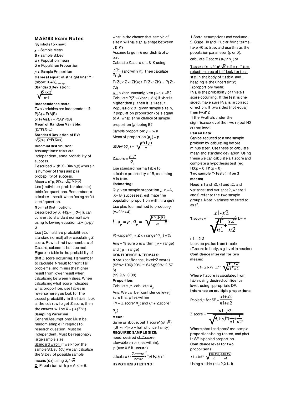 Mas183-Cheat Sheet(Final Exam) - MAS183 Ex am Notes Symbols to know: x ...