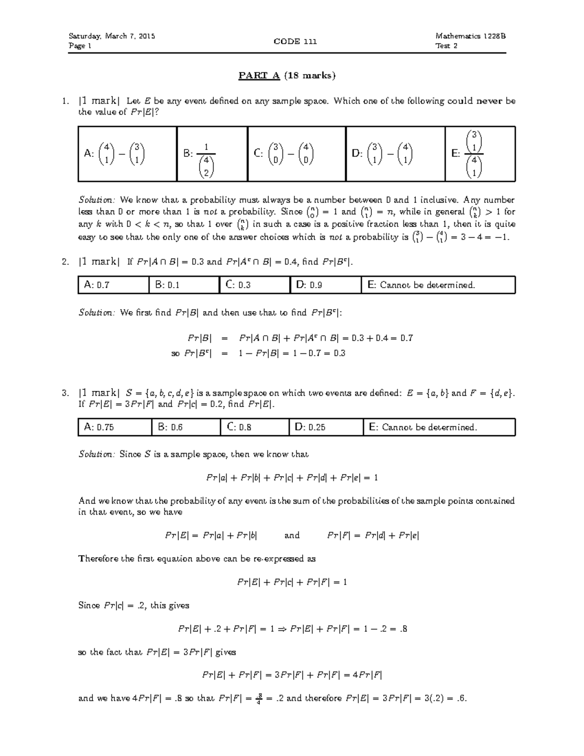 MATH1228 Midterm 2 Test Bank Answer Key - 2015 - Saturday, March 7 ...