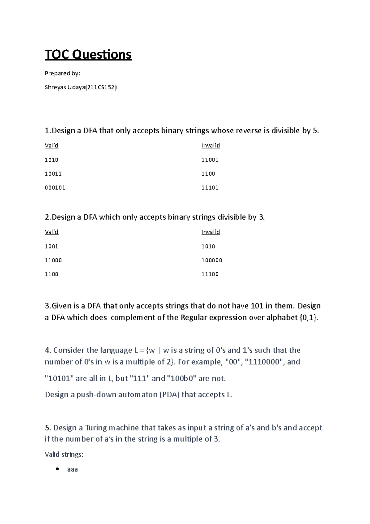 TOCqs - practice - TOC Questions Prepared by: Shreyas Udaya(211CS152) 1 ...
