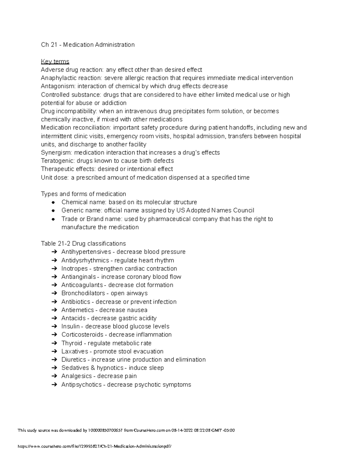 Ch 21 Medication Administration - Ch 21 - Medication Administration Key ...