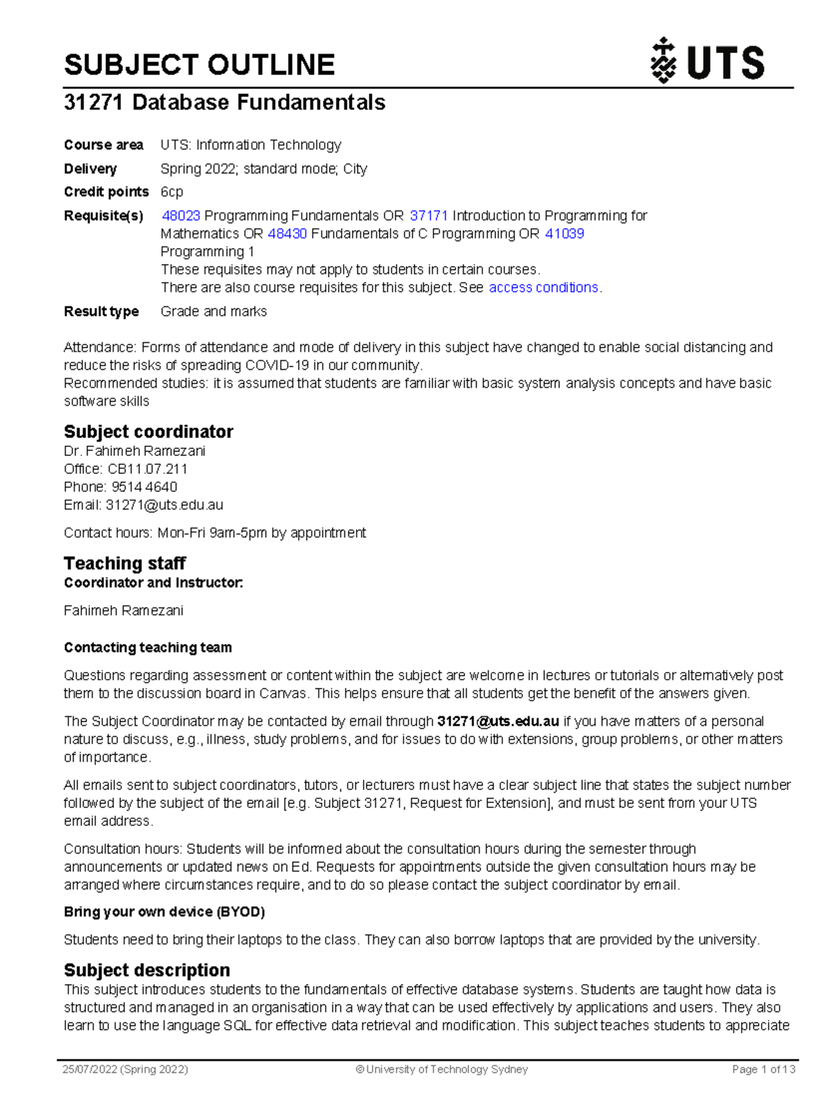 Database Fundamentals Subject Outline - SUBJECT OUTLINE 31271 Database ...