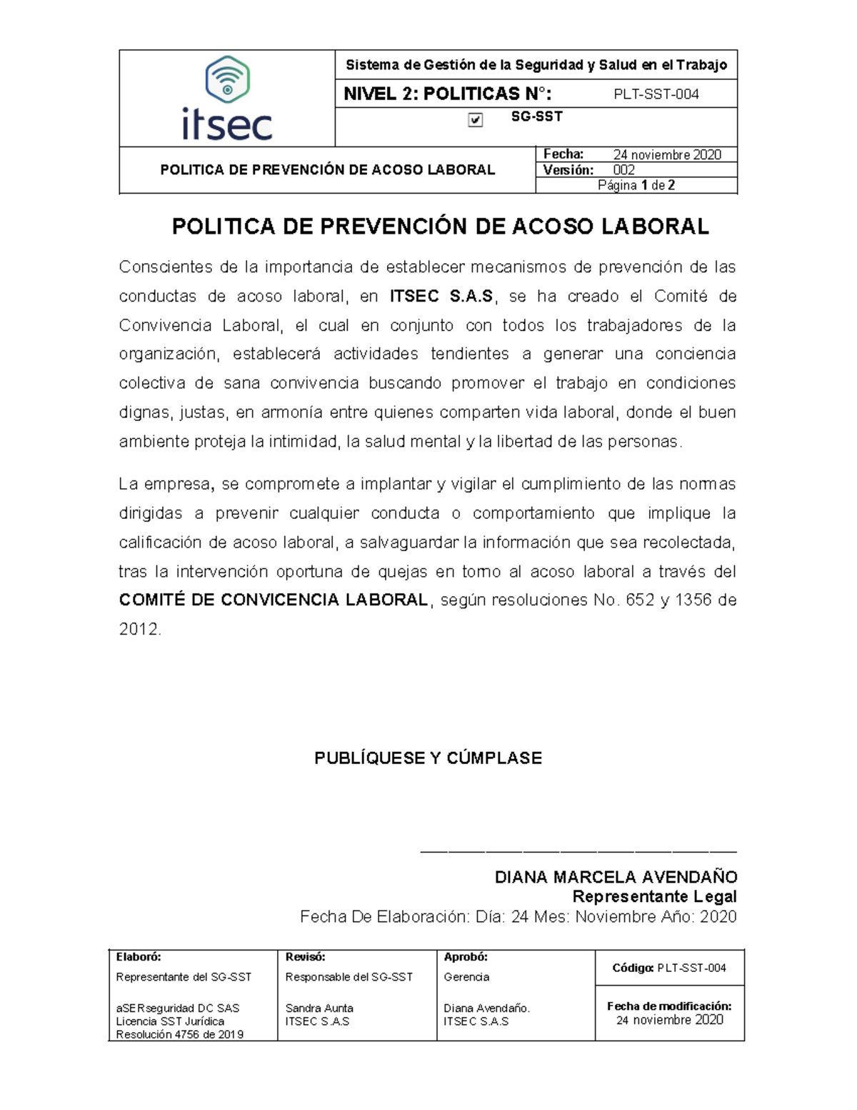 Plt Sst 004 Política De Prevención De Acoso Laboral Sistema De