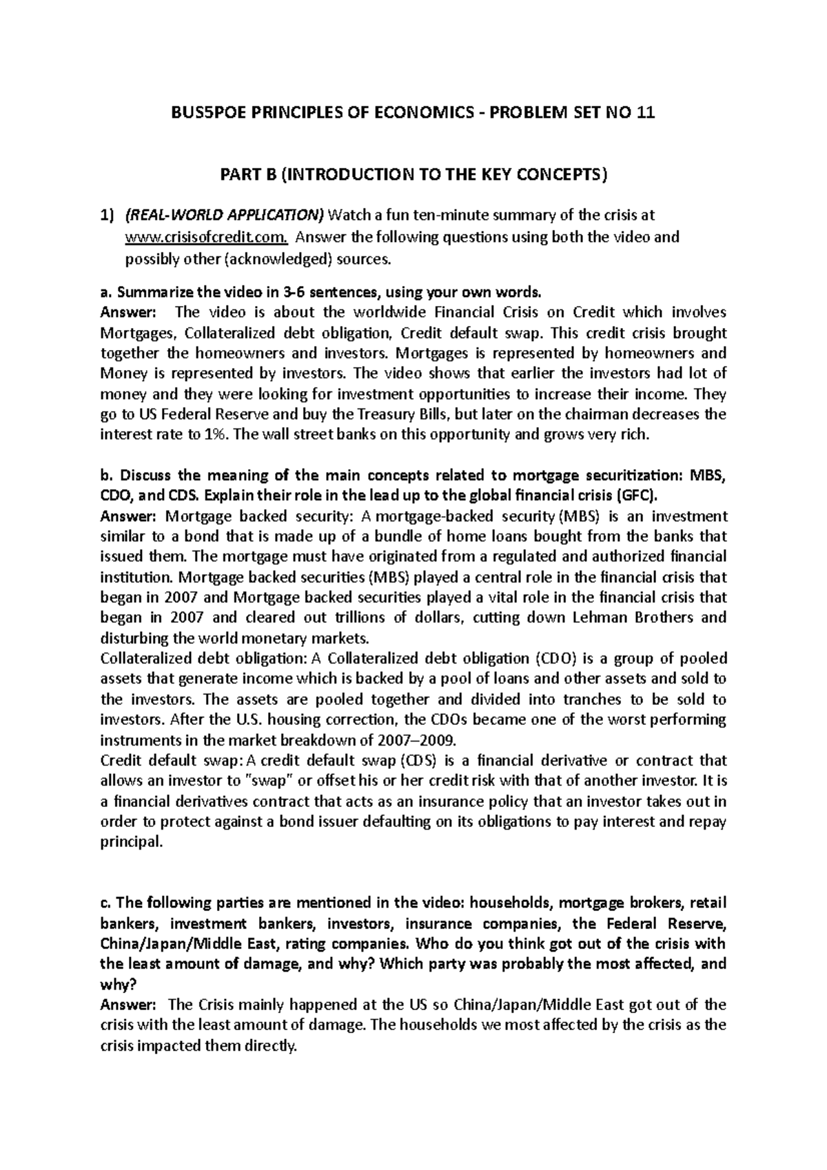BUS5POE - PS 11 - Tutorial Solutions - BUS5POE PRINCIPLES OF ECONOMICS ...