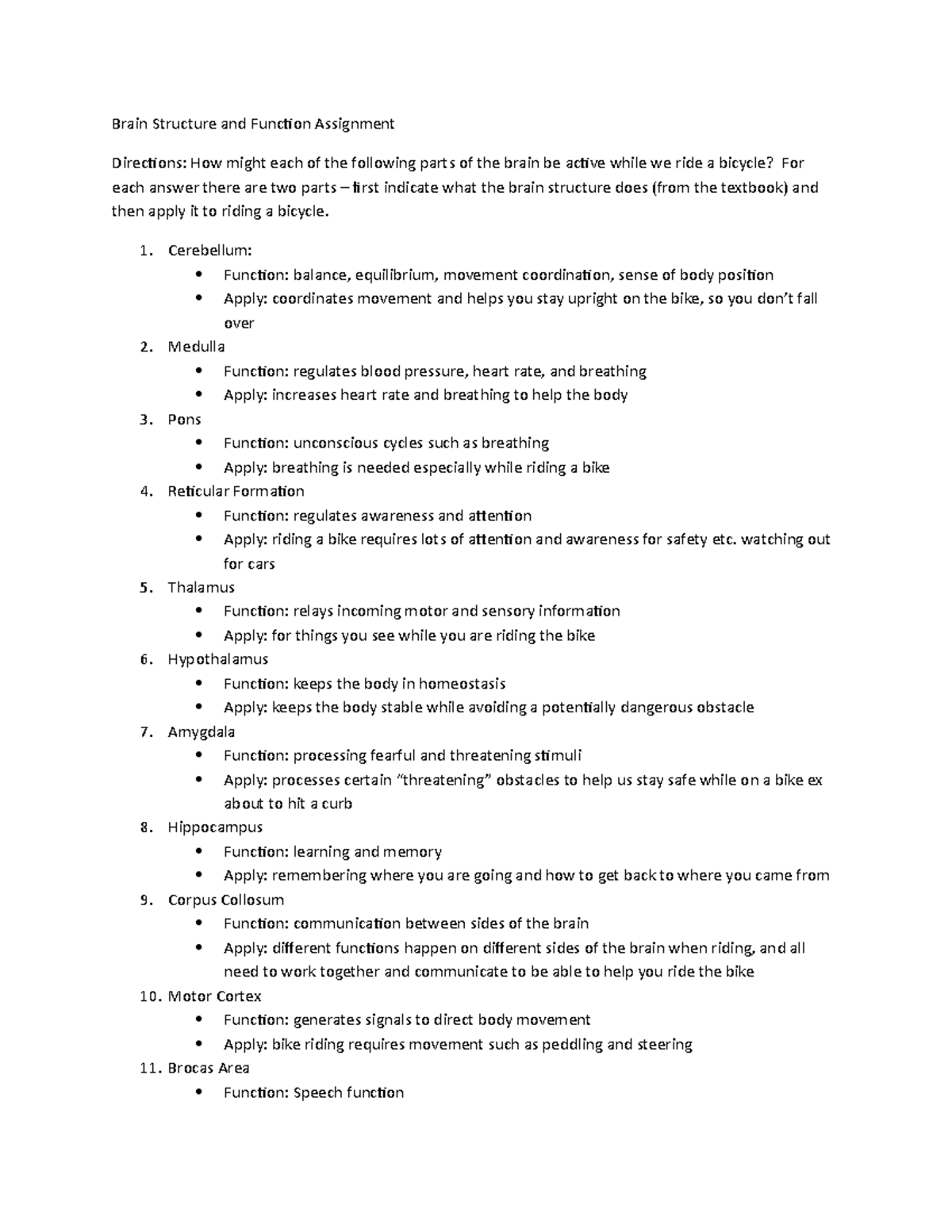 Completed brain assignment - Brain Structure and Function Assignment Directions: How might each ...