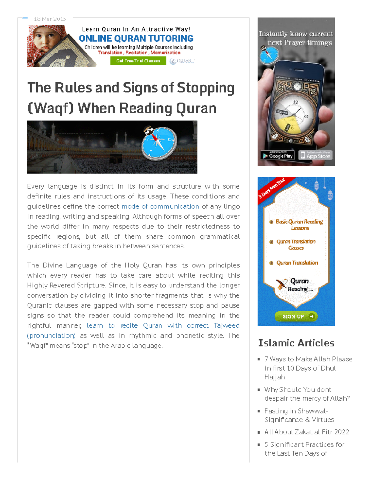The Rules and Signs of Stopping (Waqf) When Reading Quran - Islamic Articles - The Rules and ...