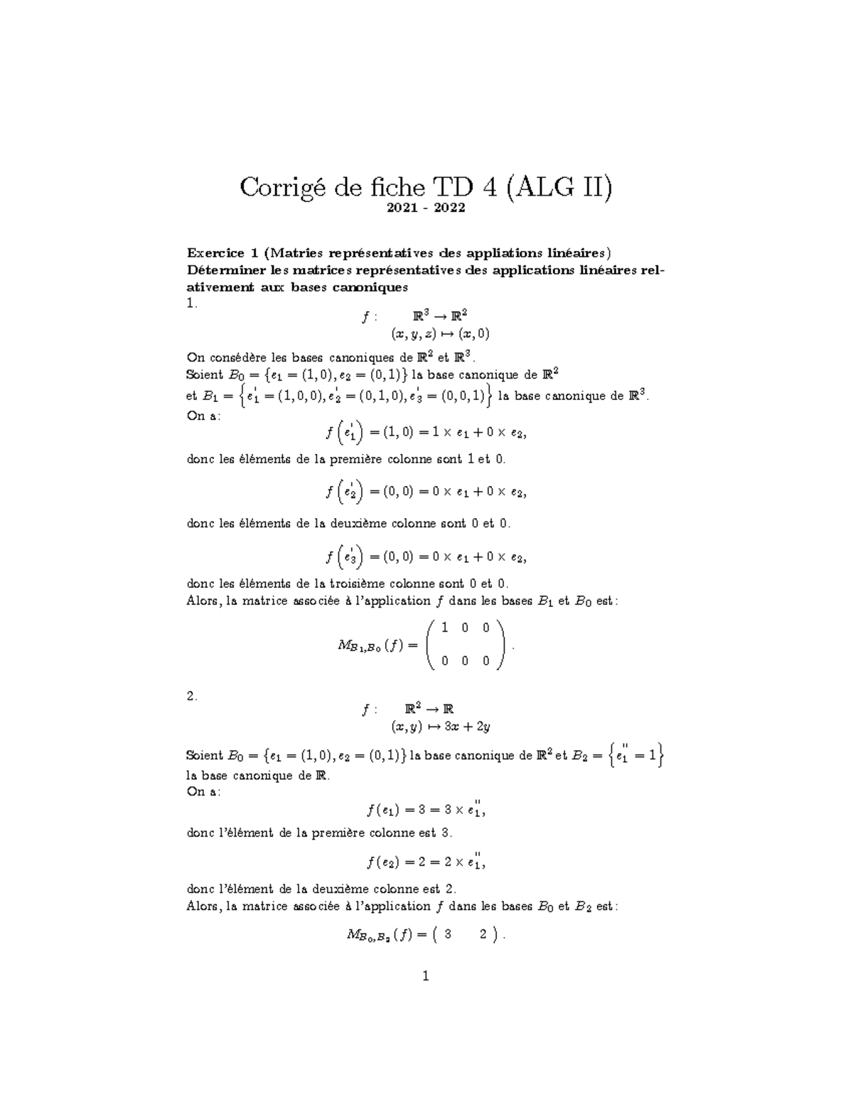 Corr TD 4 ALG II 2022 - Correction td4 Alébre 2 - CorrigÈ de Öche TD 4 (ALG II) 2021 - 2022 ...