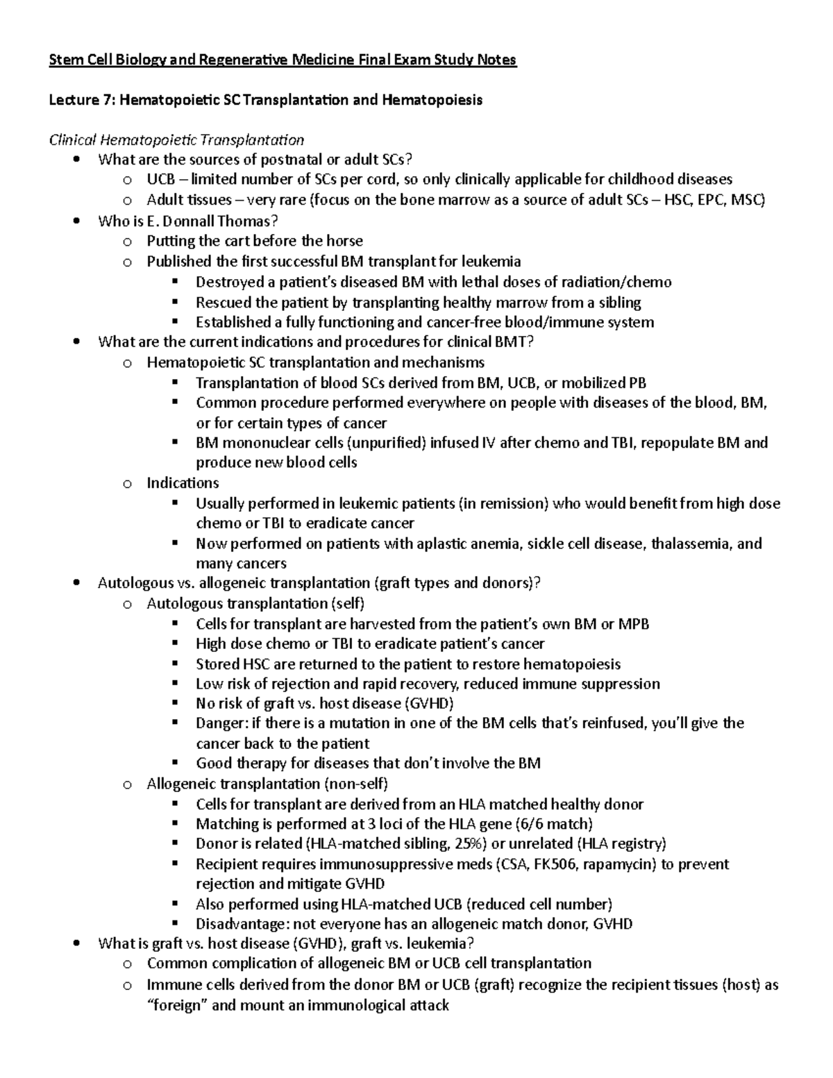 Stem Cell Biology and Regenerative Medicine Final Exam Study Notes ...