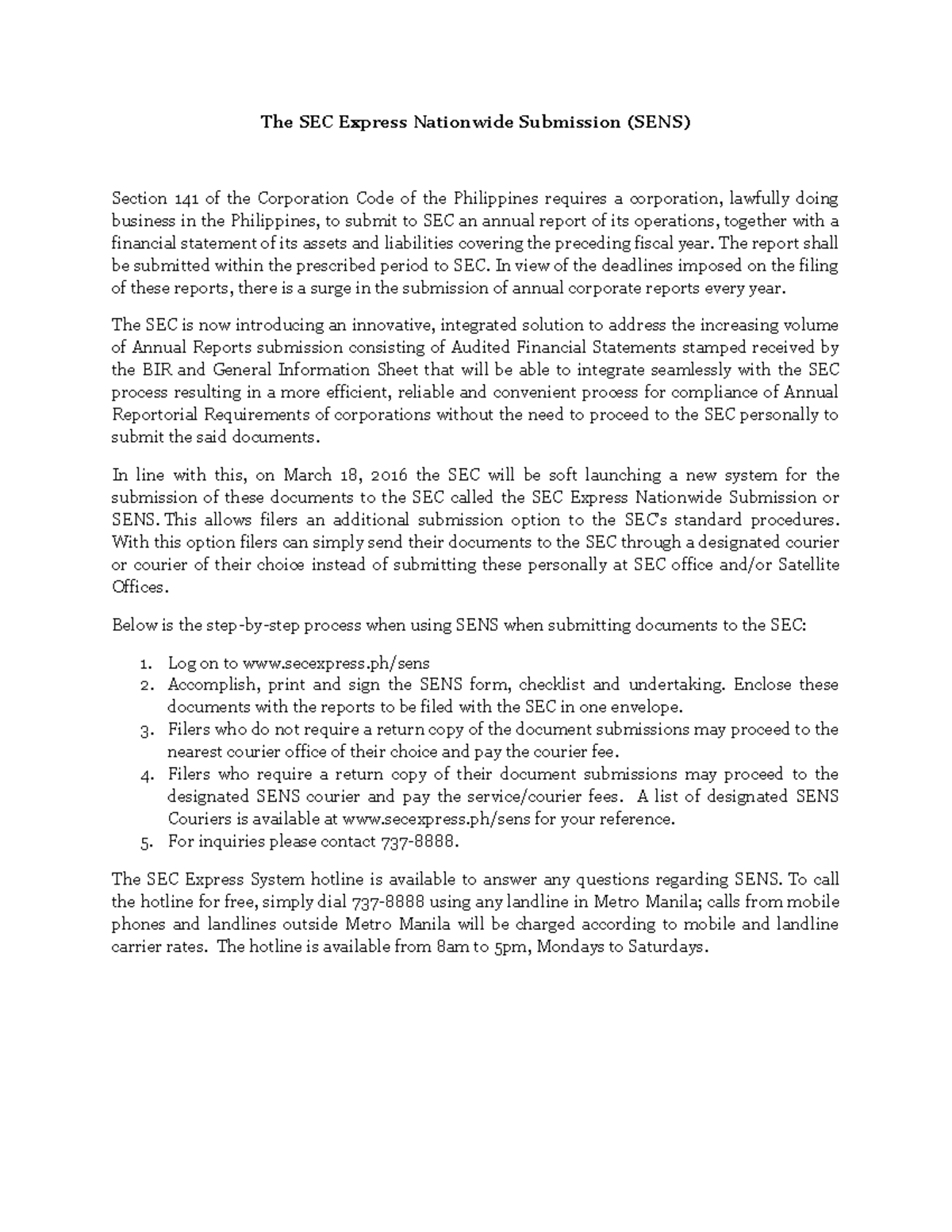 Final Write Up for SENS - The SEC Express Nationwide Submission (SENS ...