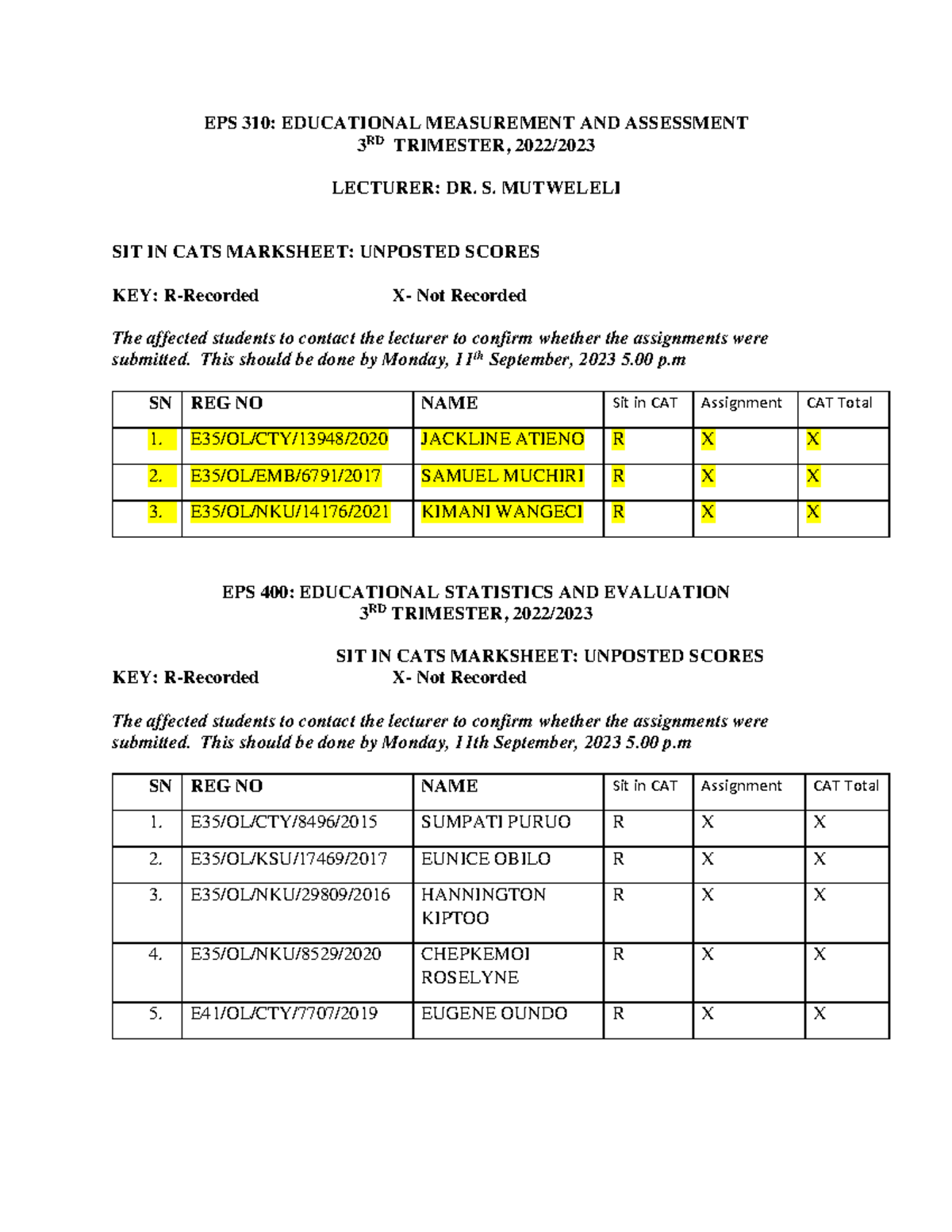 EPS 310 400 VOL Incomplete CATS Marksheet 8TH September 2023 - EPS 310 ...