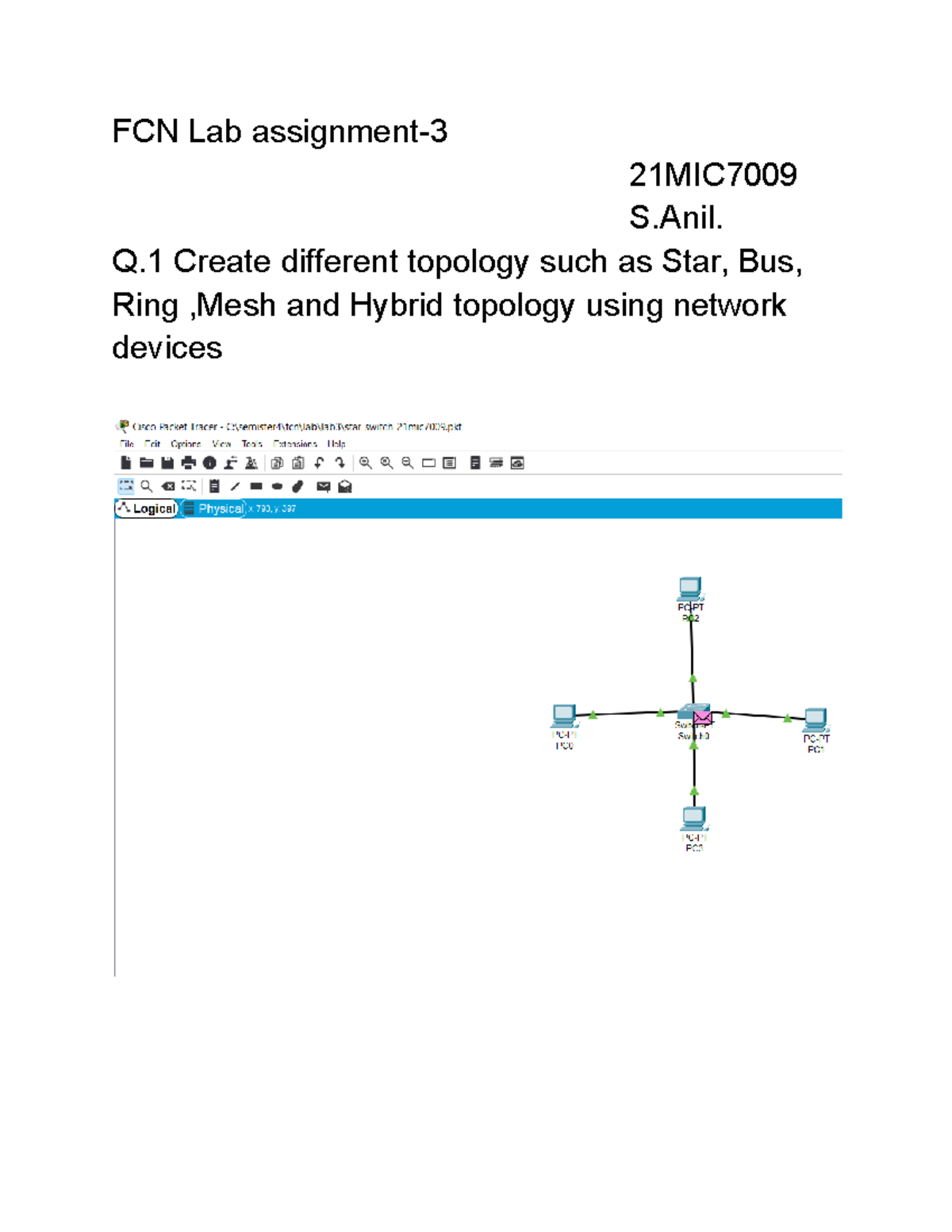 Untitled document - EWFrtgq - FCN Lab assignment- 21MIC S. Q Create different topology such as ...